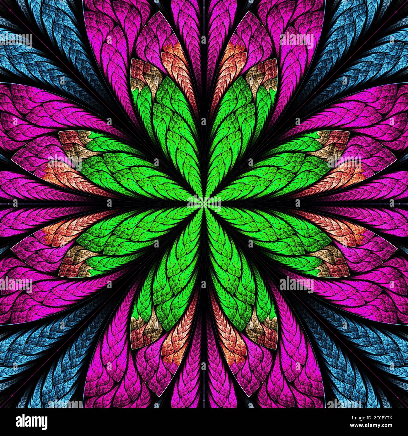 Symmetrical pattern in stained-glass window style. Blue, purple and ...