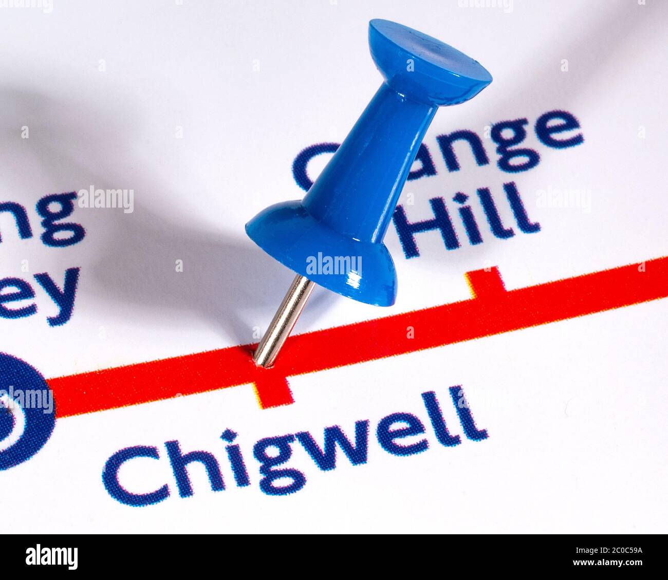 London, UK - June 10th 2020: A map pin marking the location of Chigwell ...
