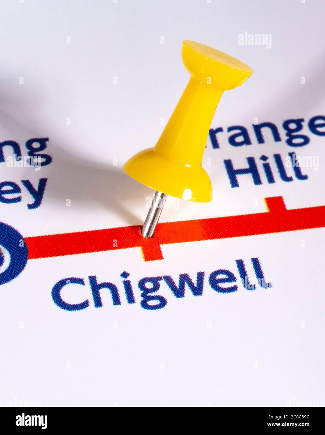 London, UK - June 10th 2020: A map pin marking the location of Chigwell ...