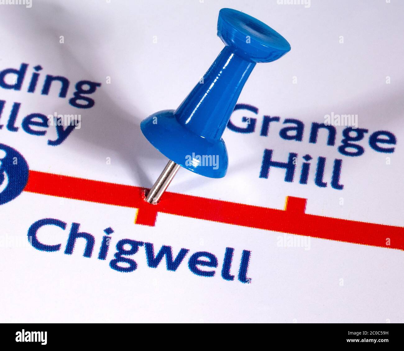 London, UK - June 10th 2020: A map pin marking the location of Chigwell ...