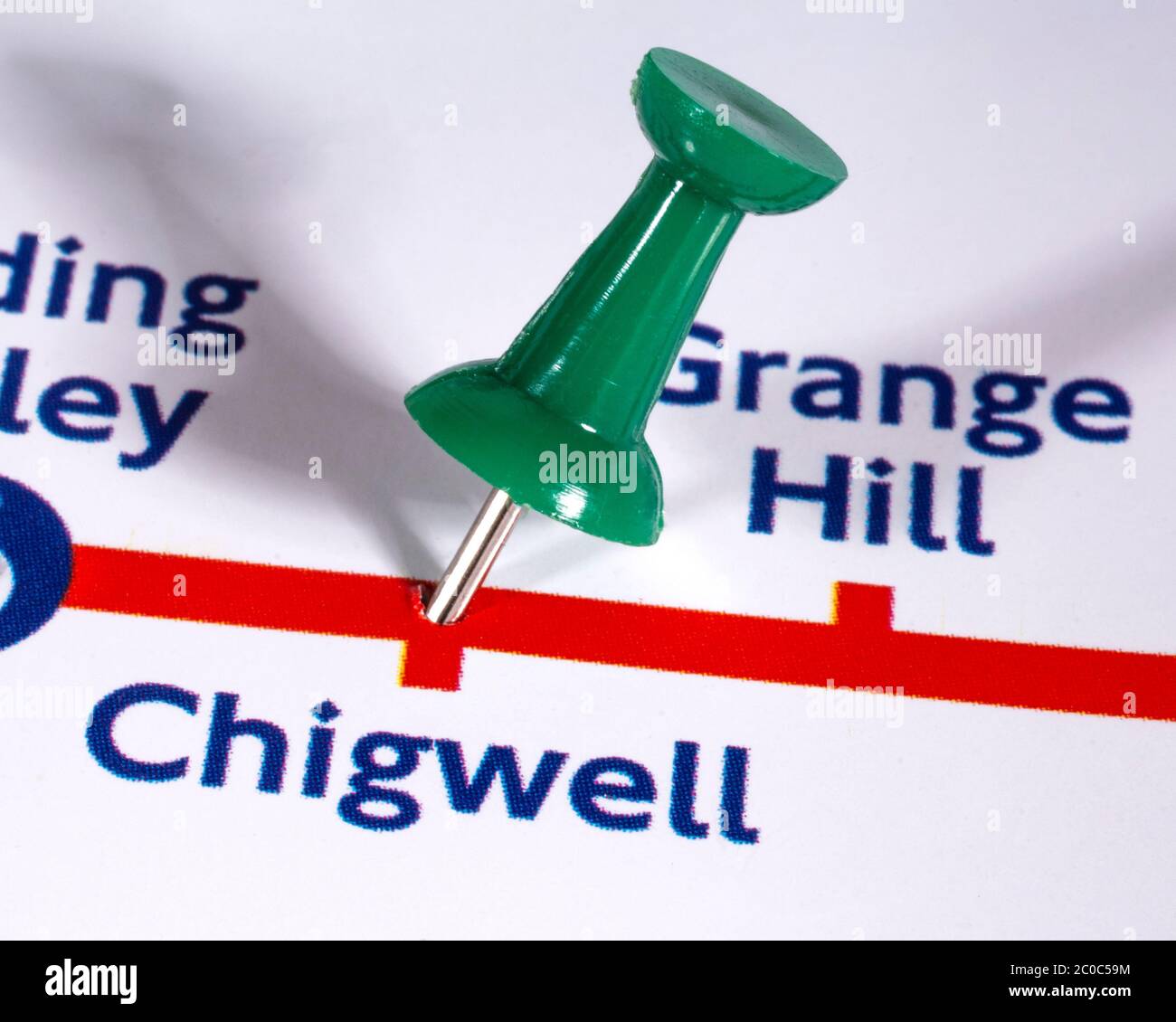 London, UK - June 10th 2020: A map pin marking the location of Chigwell ...