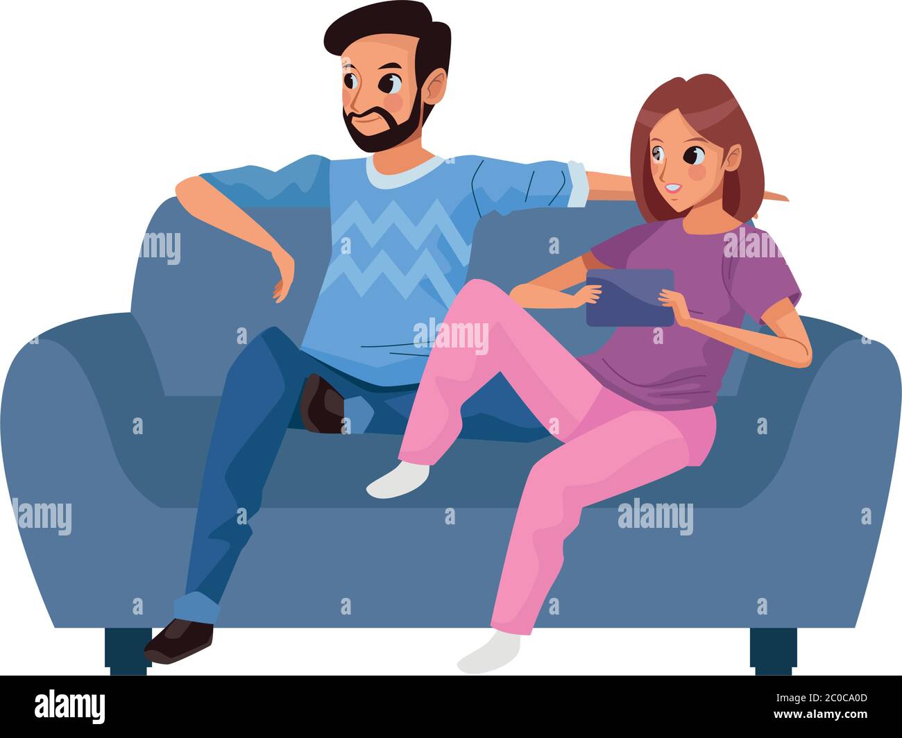 young couple seated in sofa avatars characters vector illustration ...