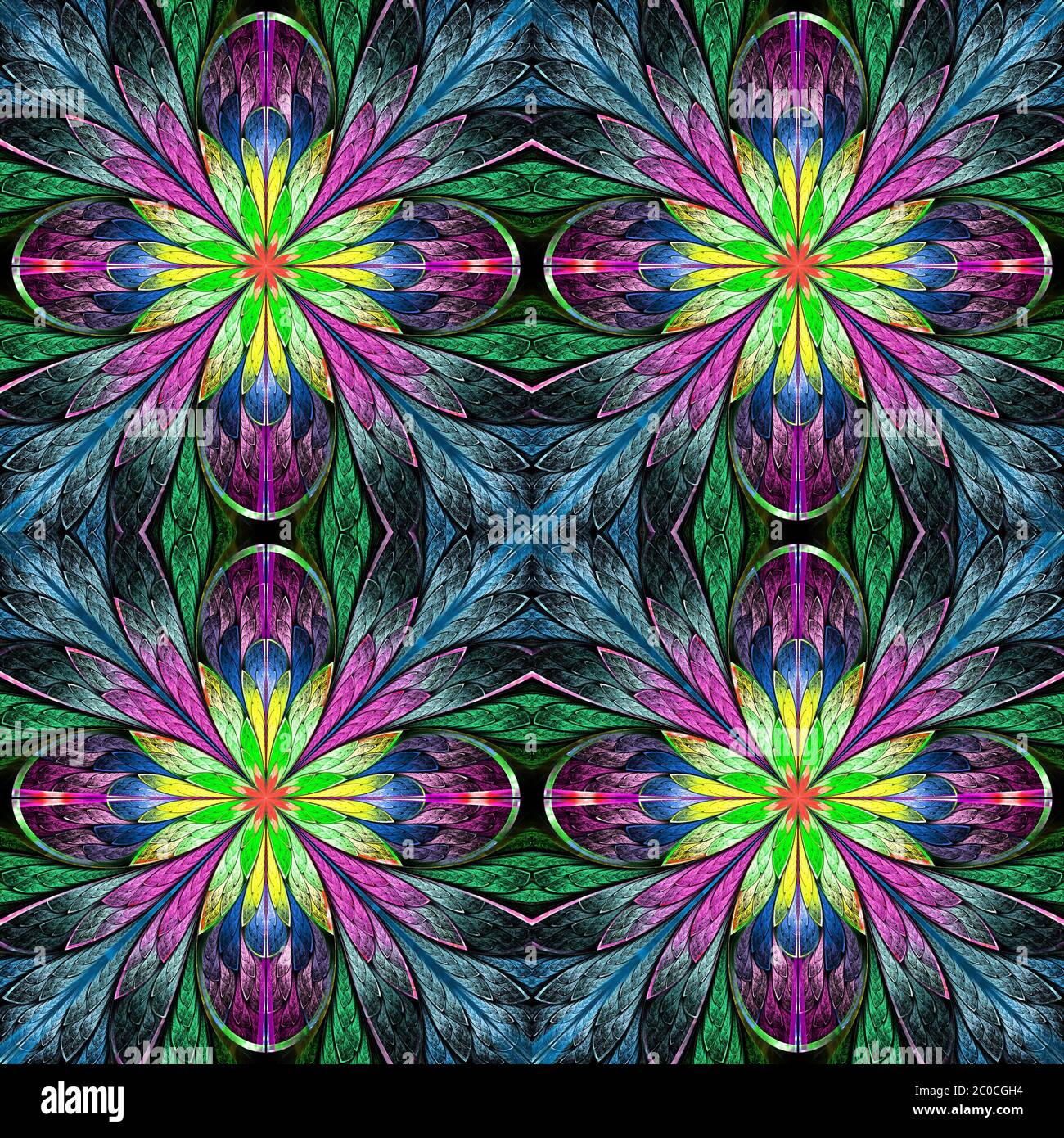 Multicolored symmetrical pattern in stained-glass window style ...