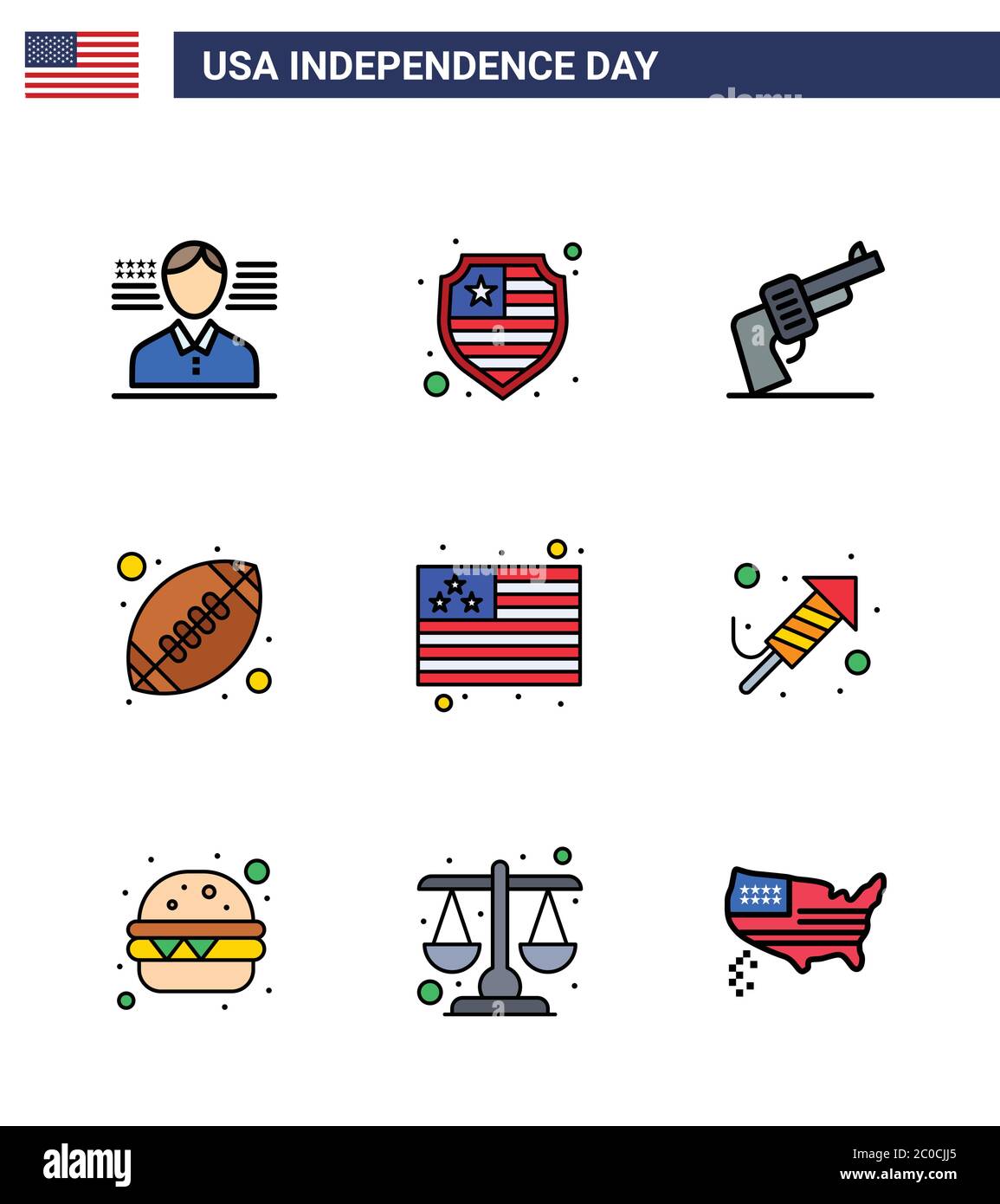 Happy Independence Day Pack of 9 Flat Filled Lines Signs and Symbols ...