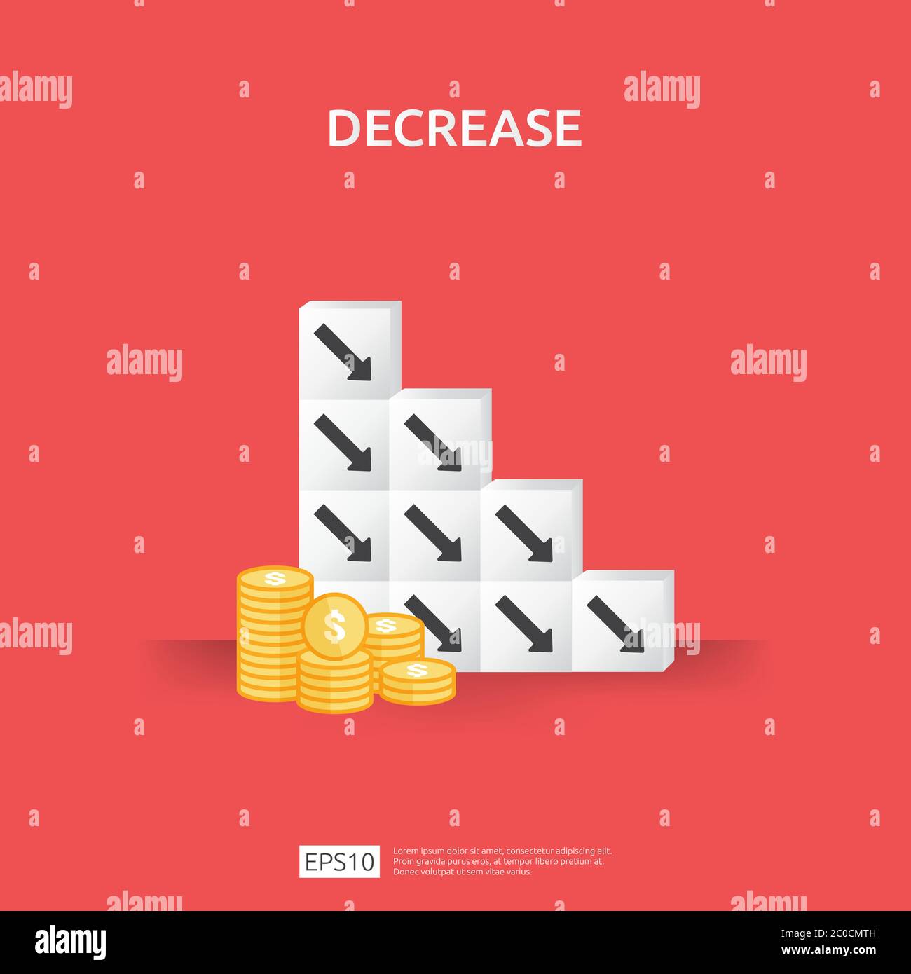 business crisis concept. money fall down with arrow decrease symbol on stacking block. economy ...