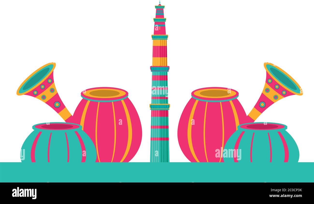 indian tower temple structure and lamps decoration vector illustration ...