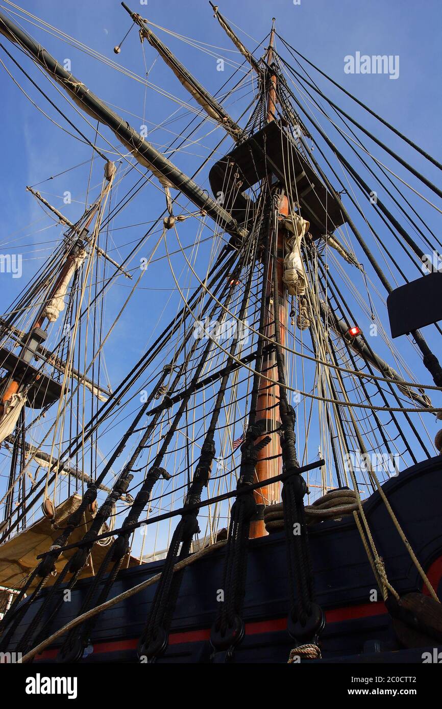 Mast of a wooden tall ship, view from the deck Stock Photo - Alamy
