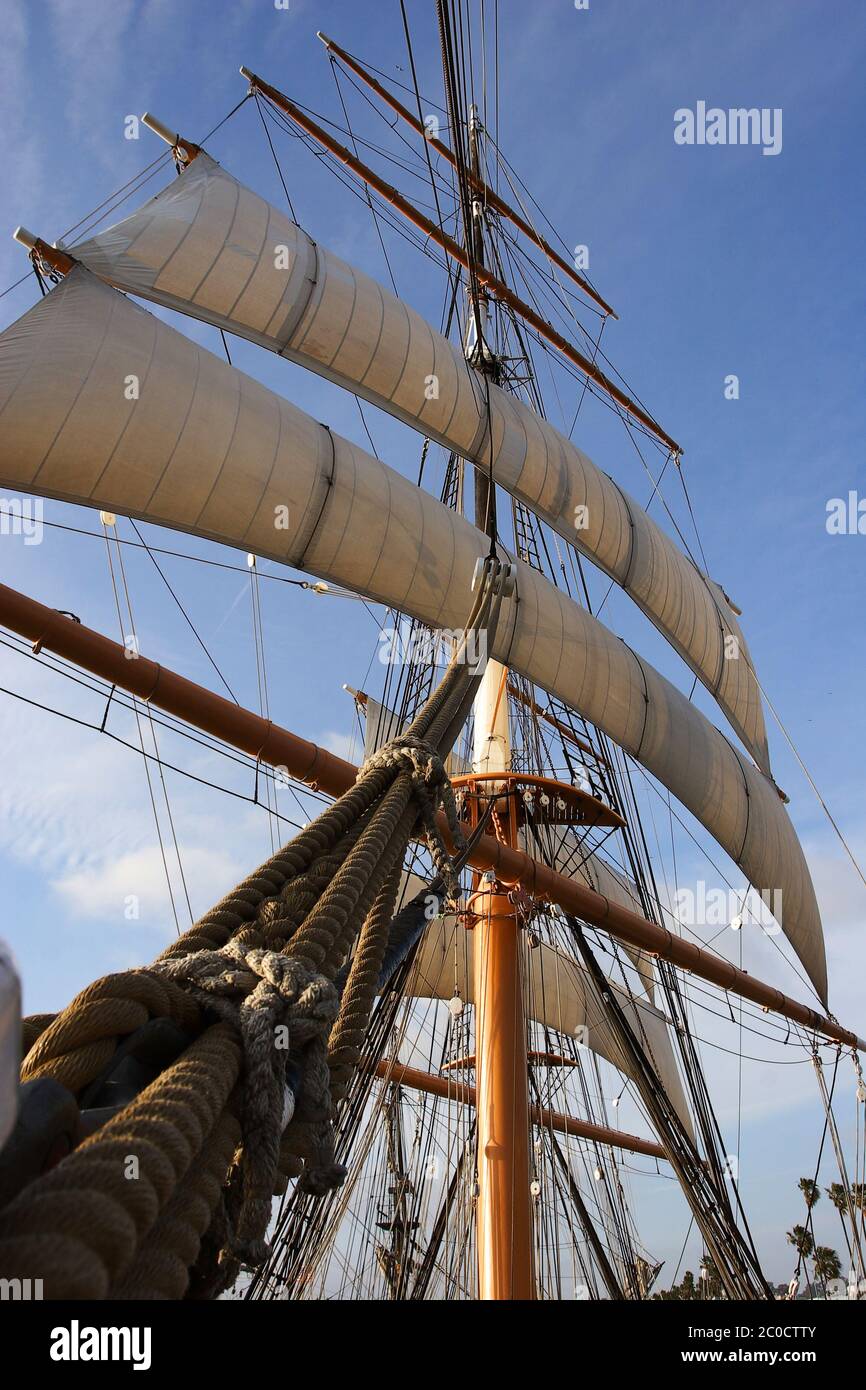 Mast with sails of a tall ship with square rigging, view from below ...