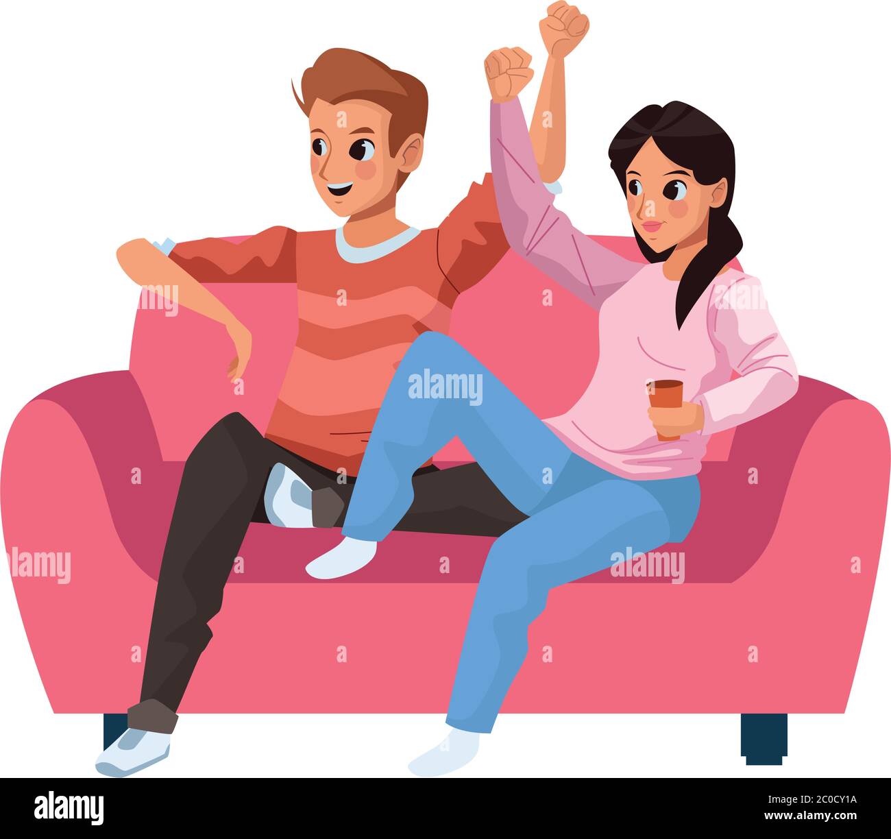 young couple seated in sofa avatars characters vector illustration ...