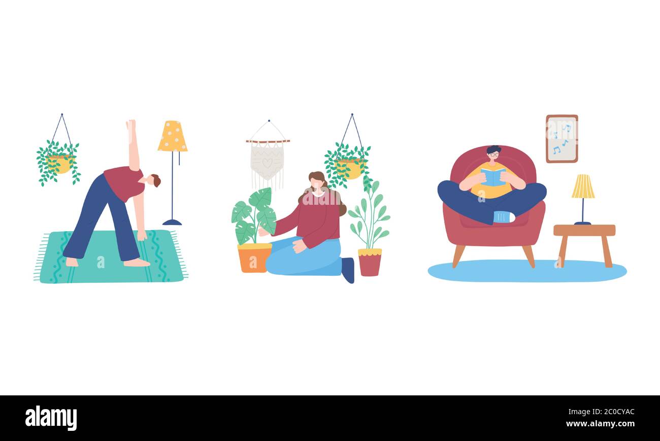 stay at home, different types of people in home activities, self ...