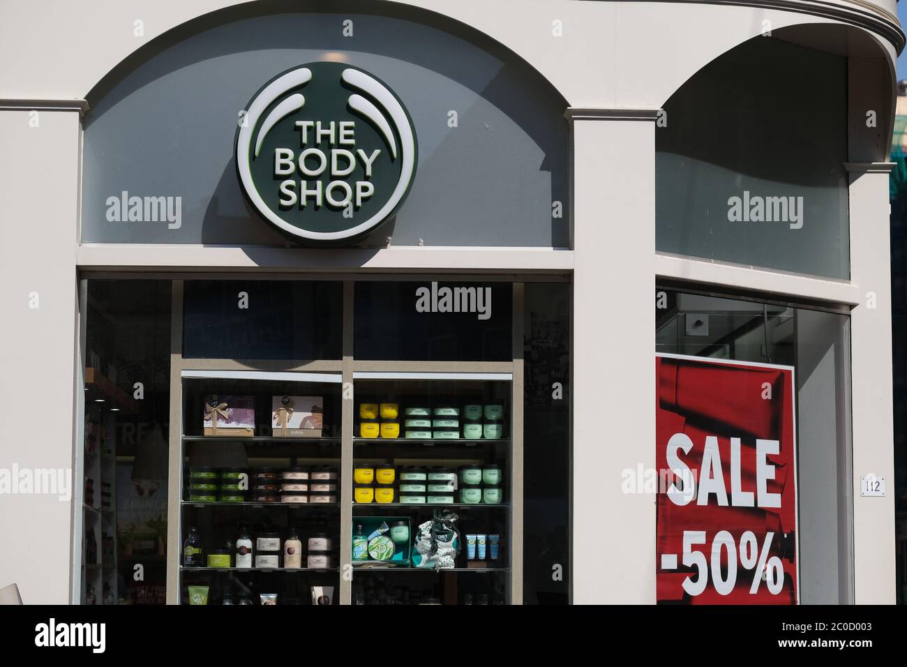 A logo of The Body Shop is pictured outside its store on June 9, 2020 ...