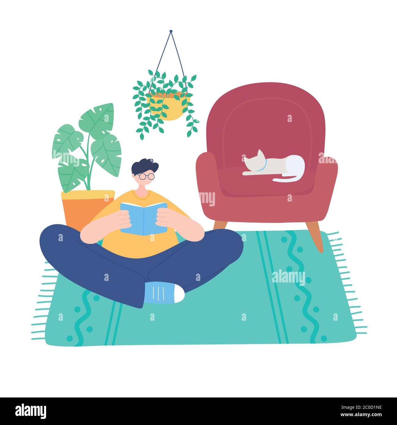 stay at home, boy reading book in floor with cat in room, self ...