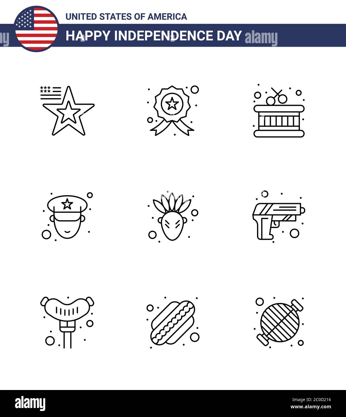Happy Independence Day Pack of 9 Lines Signs and Symbols for gun ...