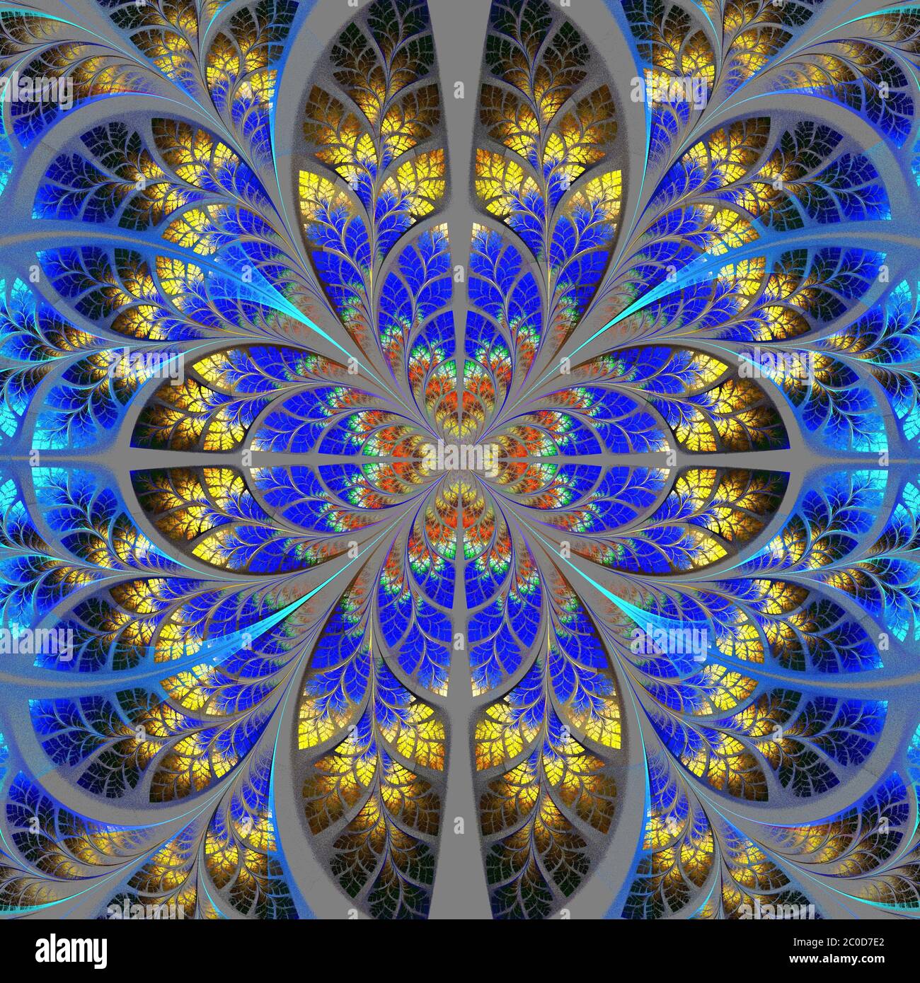 Symmetrical fractal pattern. Collection - tree foliage. Blue and yellow ...