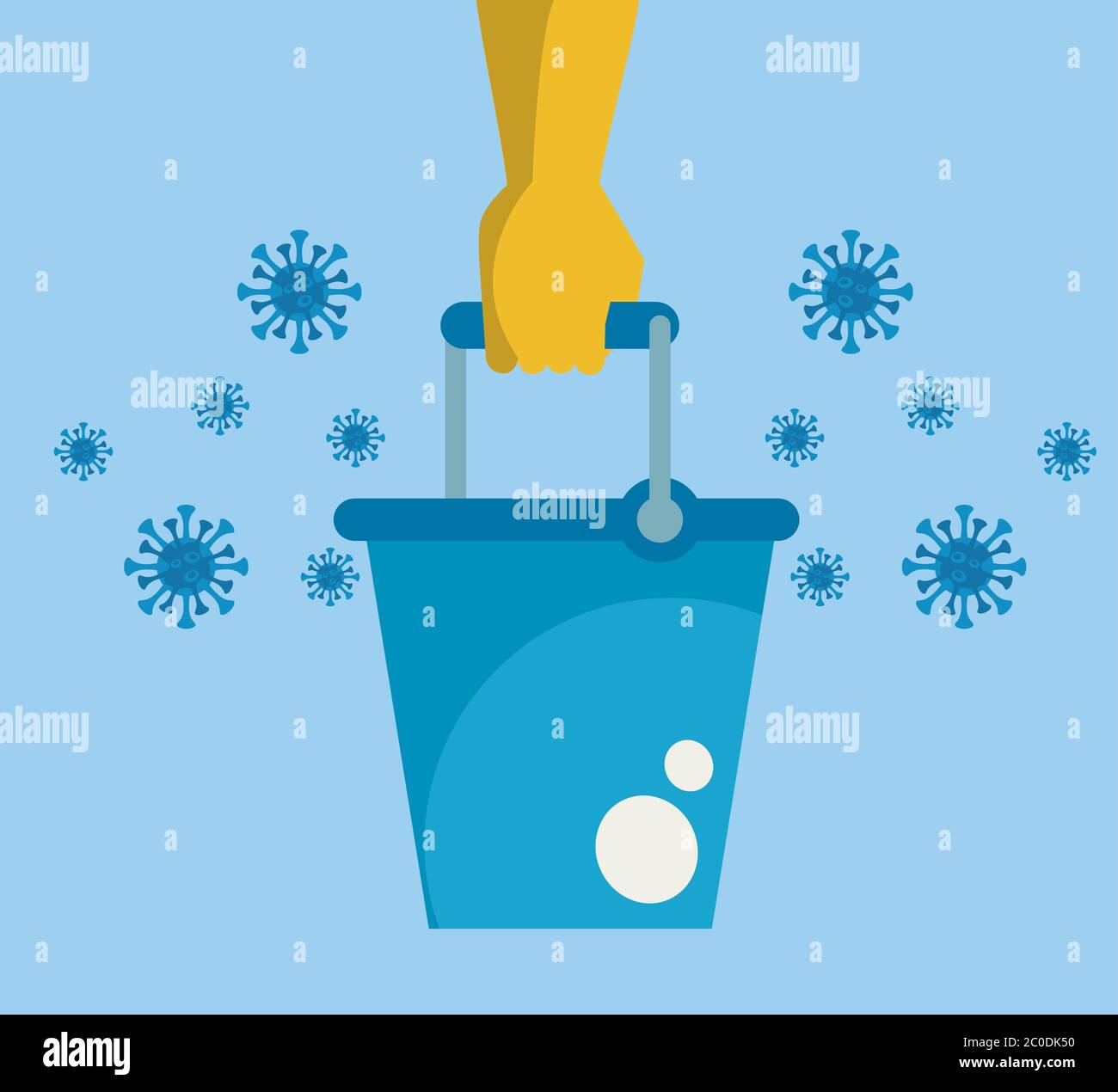 hand with rubber glove and bucket housekeeping accessory vector ...