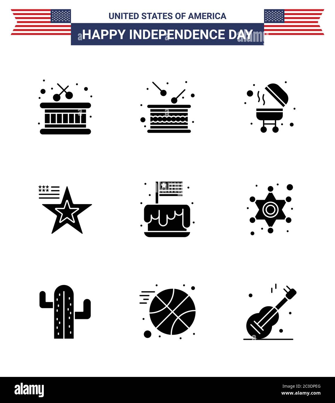 Big Pack of 9 USA Happy Independence Day USA Vector Solid Glyphs and ...