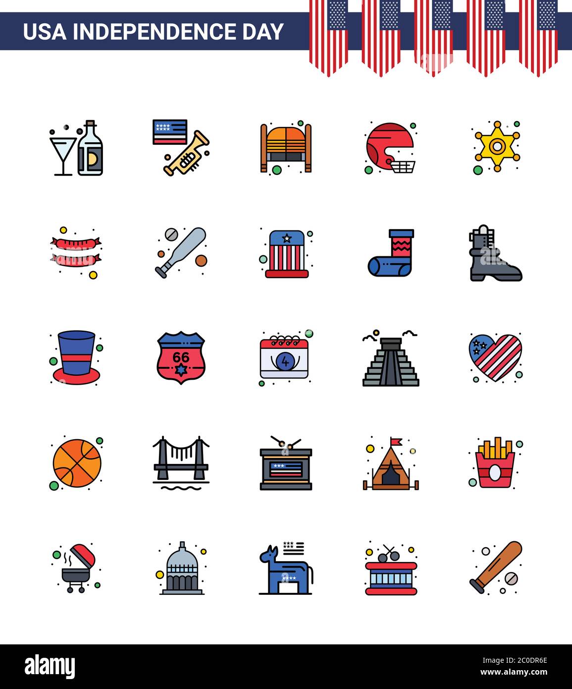 25 USA Flat Filled Line Signs Independence Day Celebration Symbols of ...