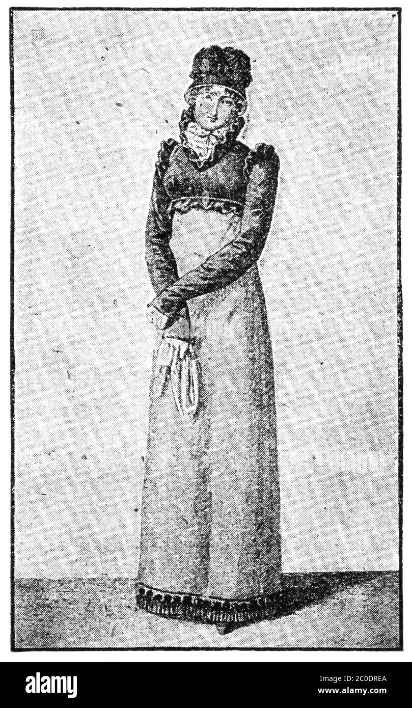 Street woman dress, 1810. Illustration of the 19th century. White ...