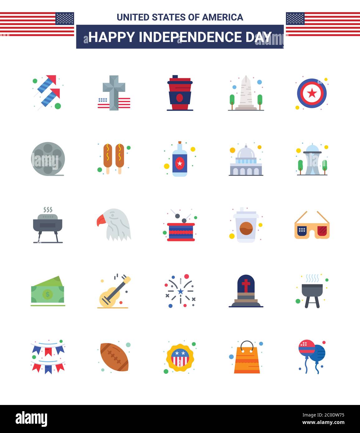 Flat Pack of 25 USA Independence Day Symbols of star; washington; drink ...