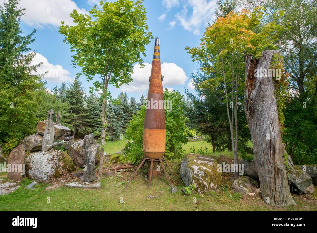 A rusty, old USSR, Russian missile cone. At the curious, homemade ...