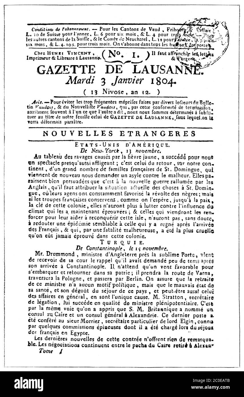 Swiss newspaper Gazette de Lausanne, first issue of January 1804 ...