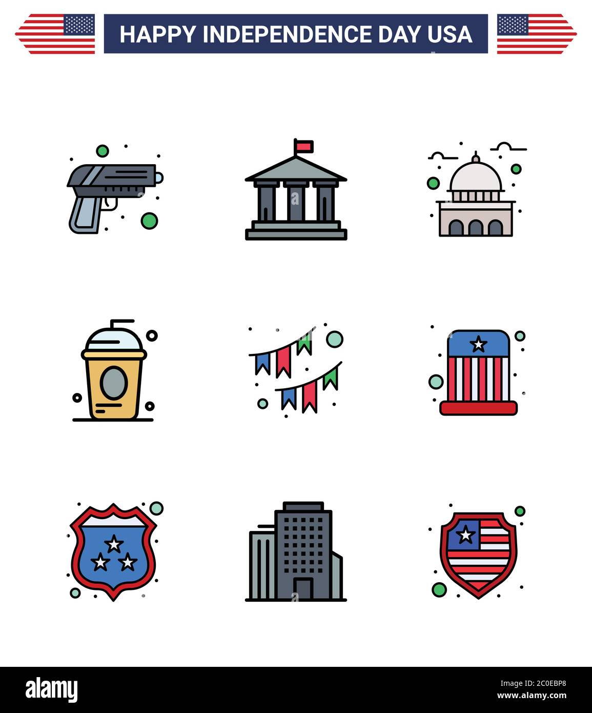 9 USA Flat Filled Line Pack of Independence Day Signs and Symbols of ...