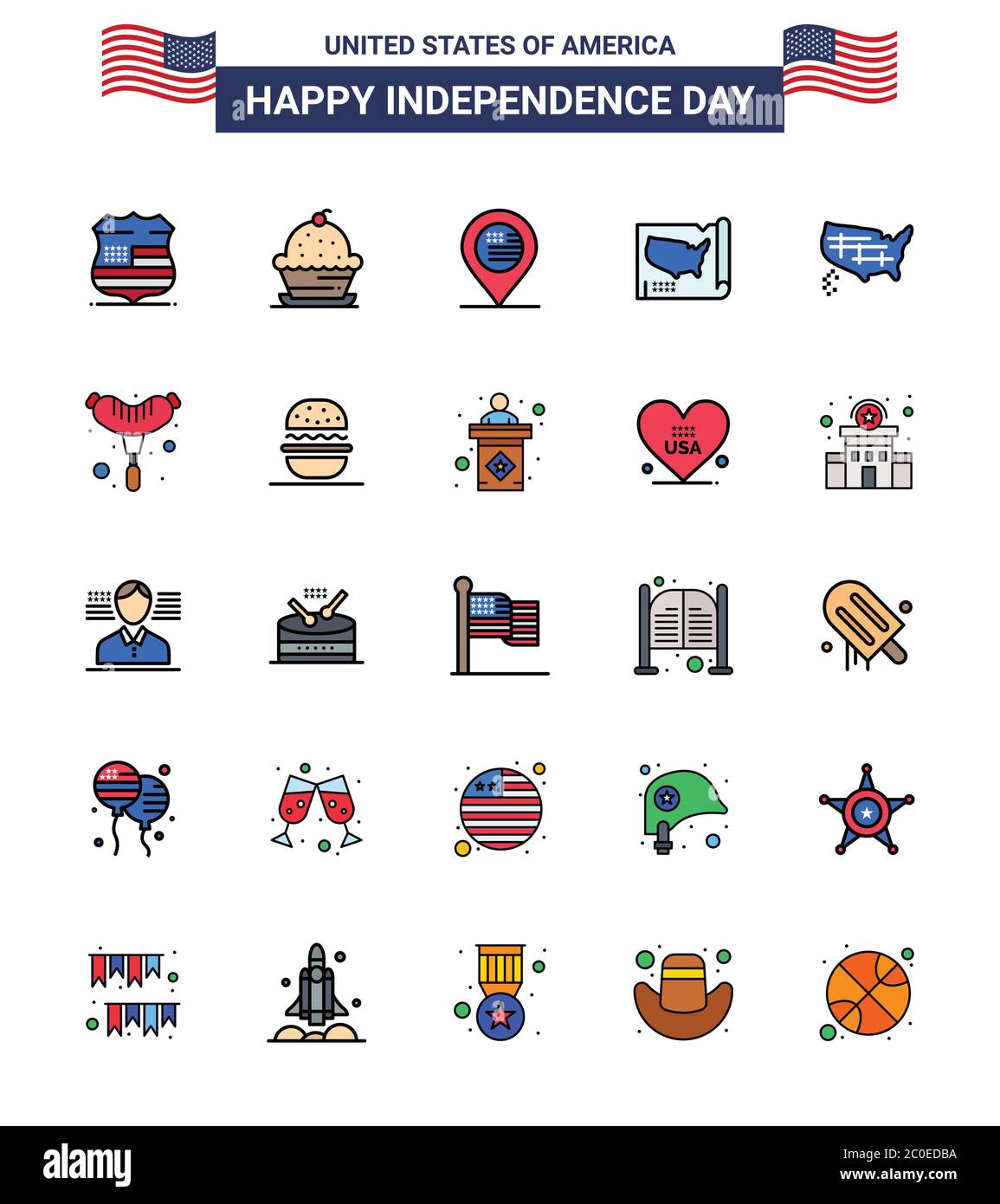 25 USA Flat Filled Line Pack of Independence Day Signs and Symbols of ...