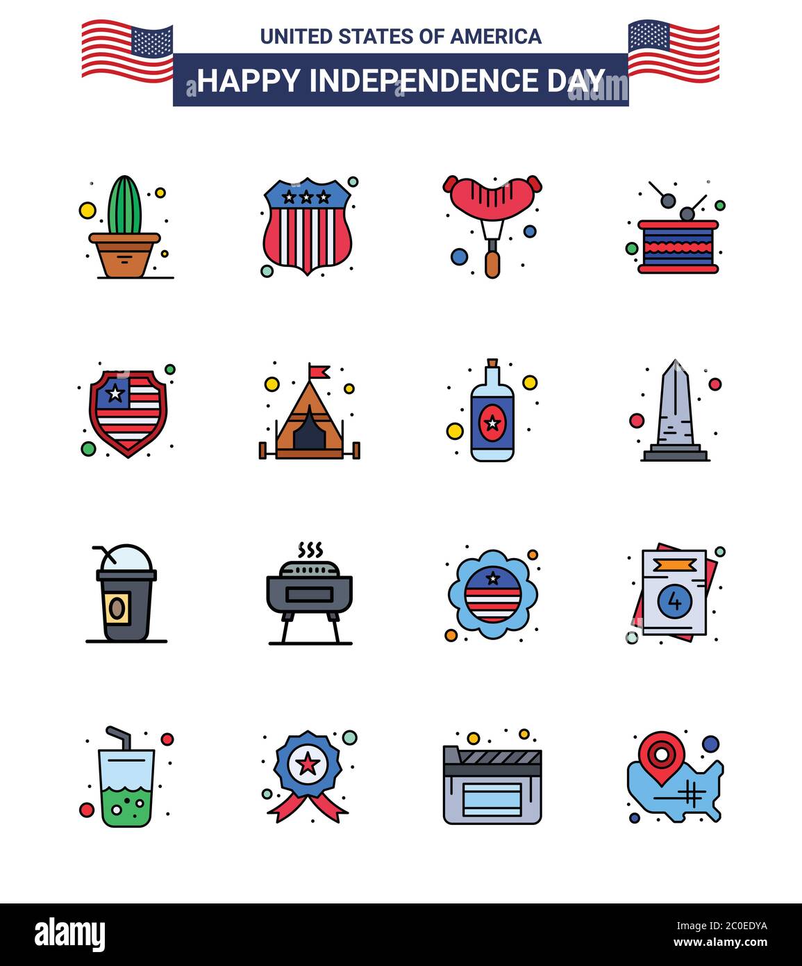 Happy Independence Day Pack of 16 Flat Filled Lines Signs and Symbols ...