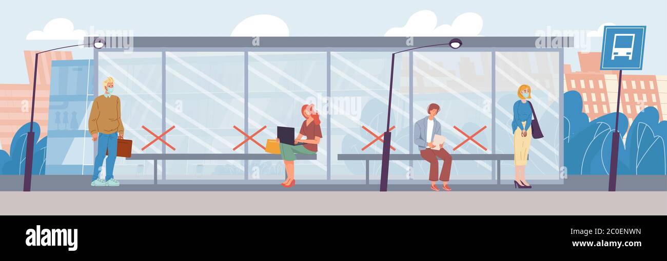 People in mask keep social distance at bus stop Stock Vector Image ...