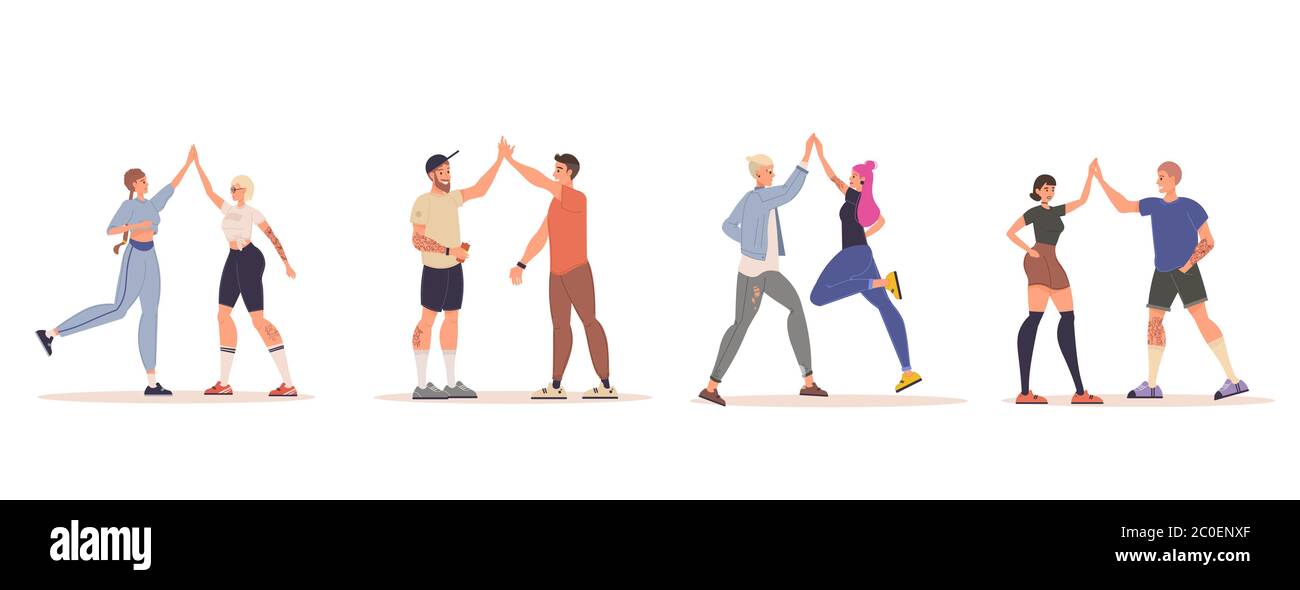 Happy people friends giving high five isolated set Stock Vector Image ...