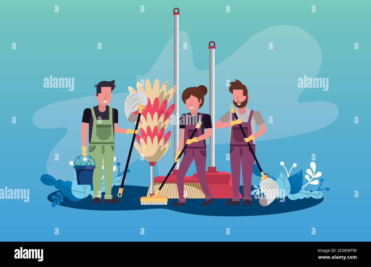 people working with housekeeping tools disinfect your house vector ...