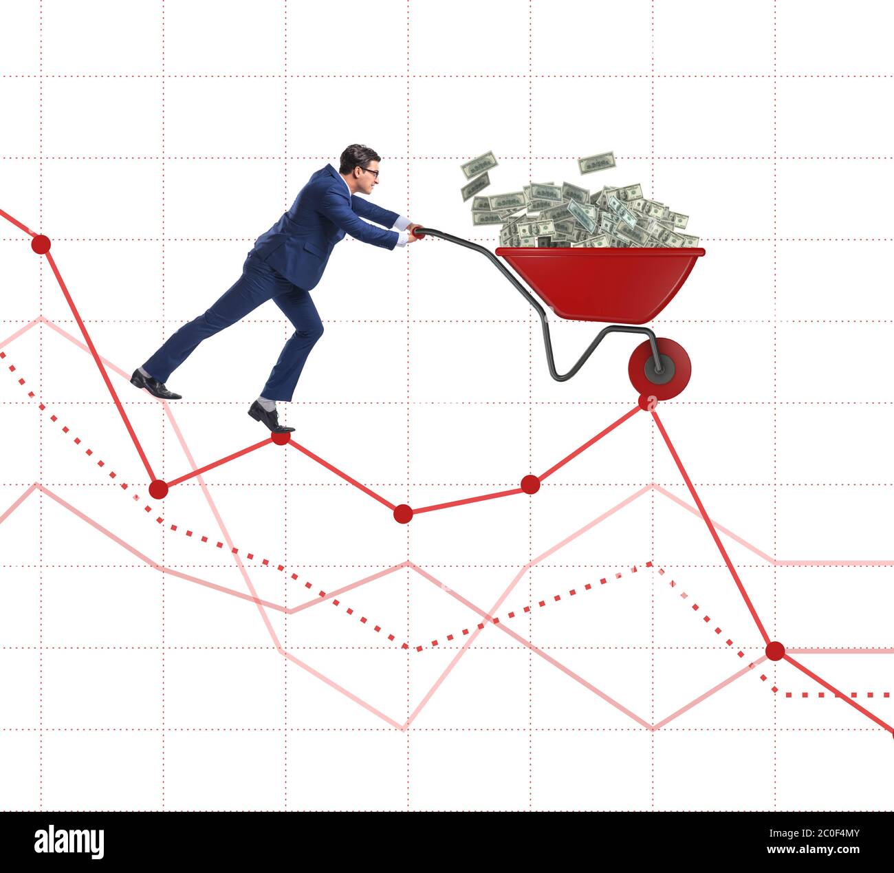 The businessman pushing money wheelbarrow down the chart Stock Photo ...