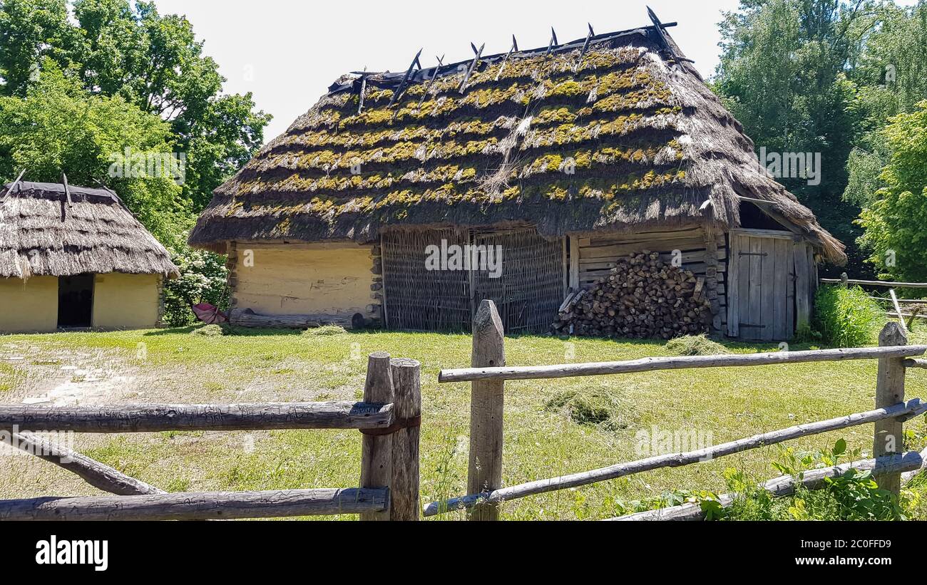 Ukraine, Kiev - June 11, 2020. Old peasant Ukrainian house or barn in ...