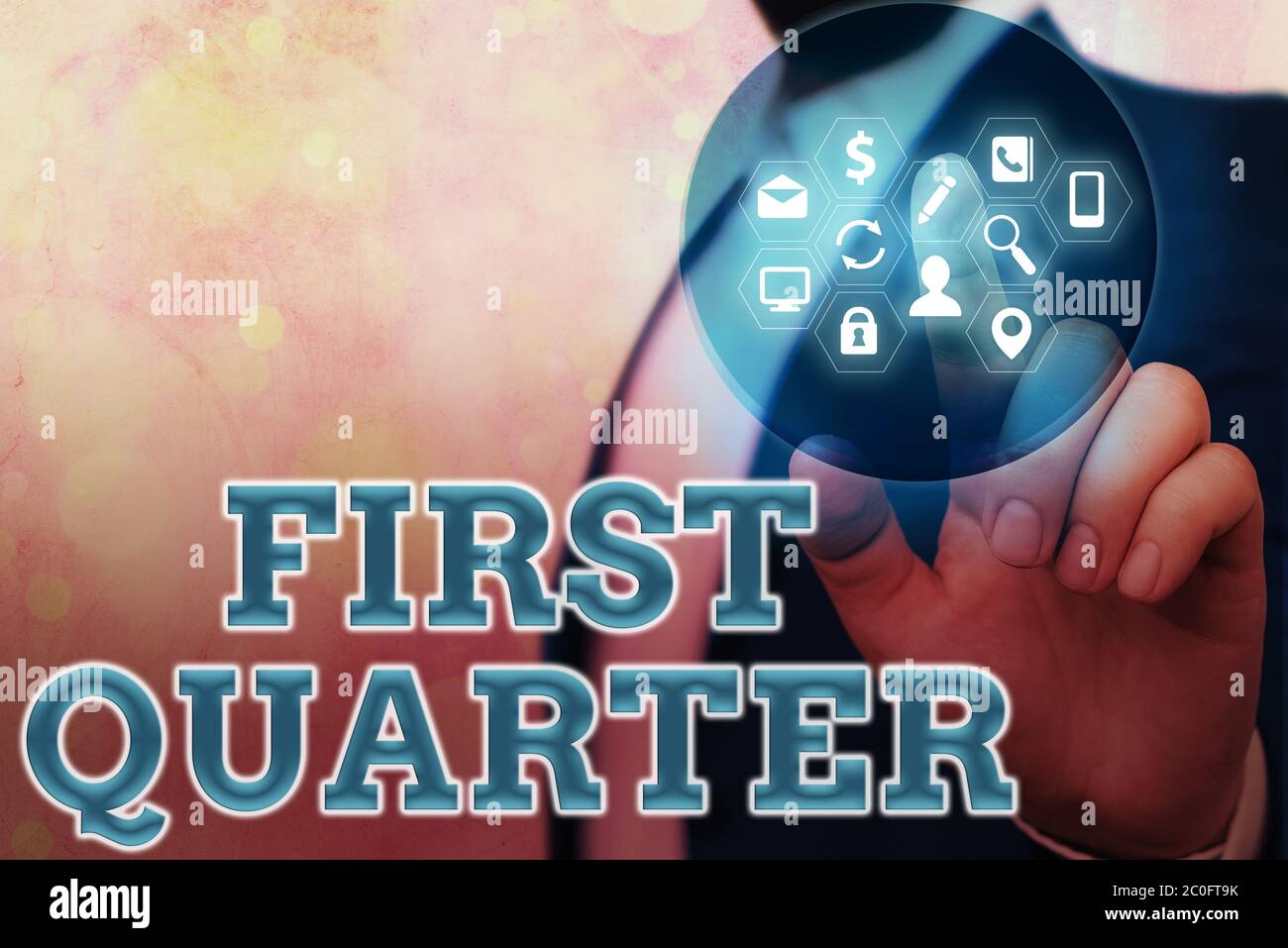 Handwriting text First Quarter. Conceptual photo one of the considered ...