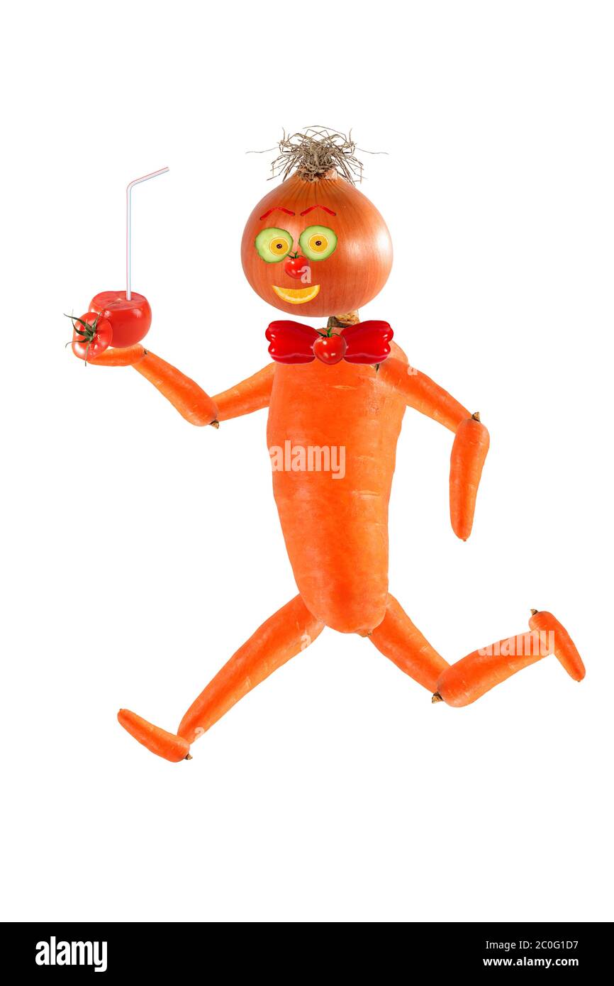 Healthy eating. Running funny little man made from fruits and ...