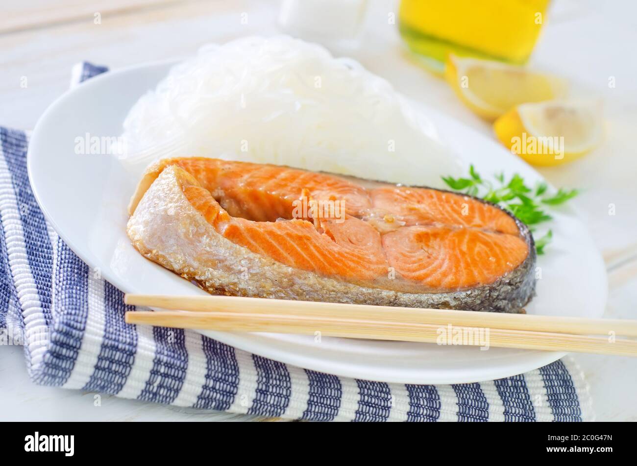 salmon with rice noodles Stock Photo - Alamy
