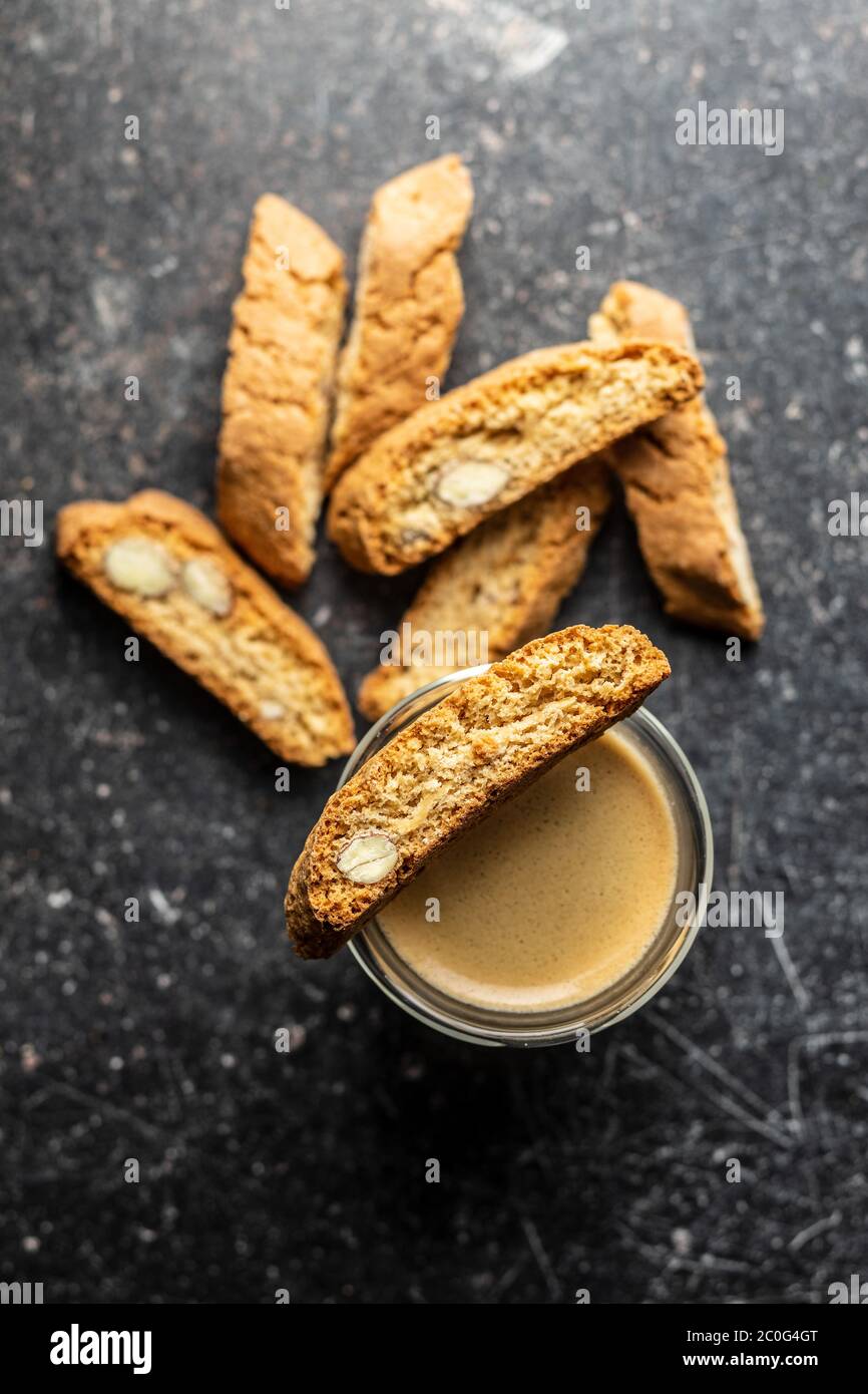 Sweet italian cantuccini cookies. Almonds biscuits and coffee cup on ...