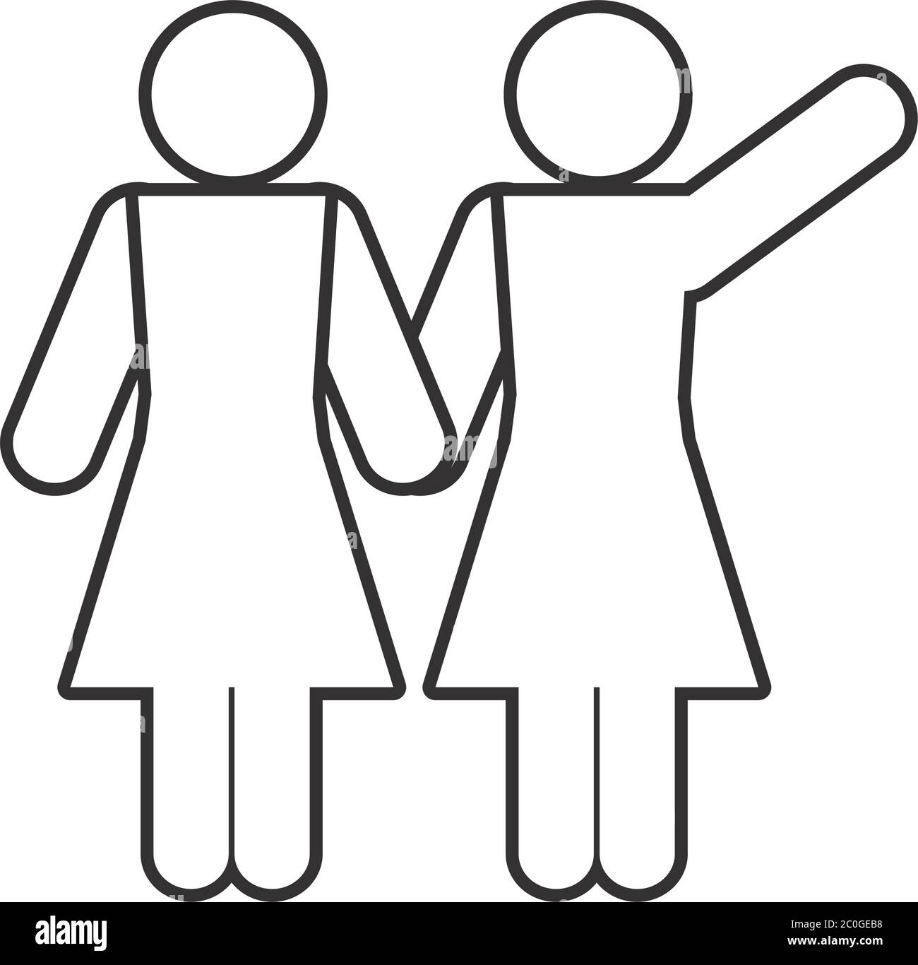 pictogram couple of women holding hands over white background, line ...
