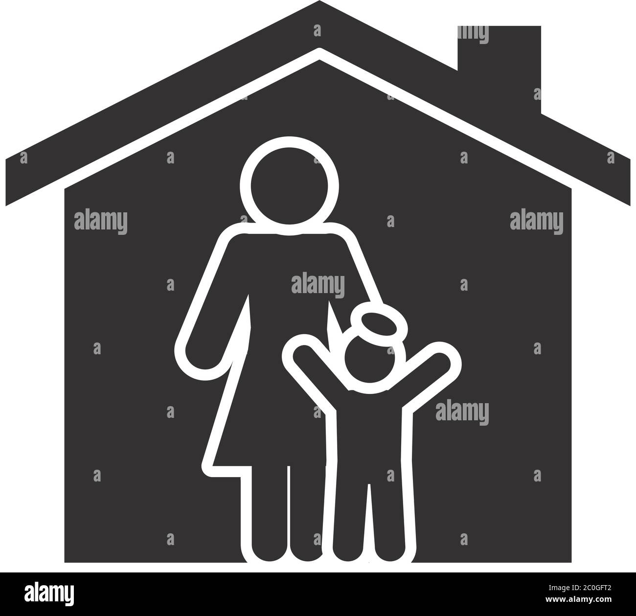 house with pictogram woman and boy over white background, silhouette ...