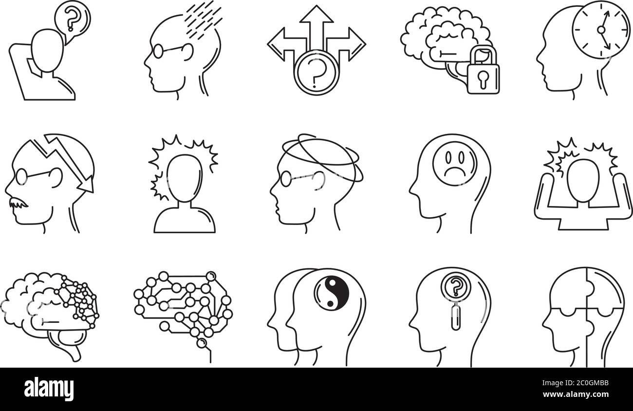 alzheimer disease, decrease in mental human ability icons set vector ...