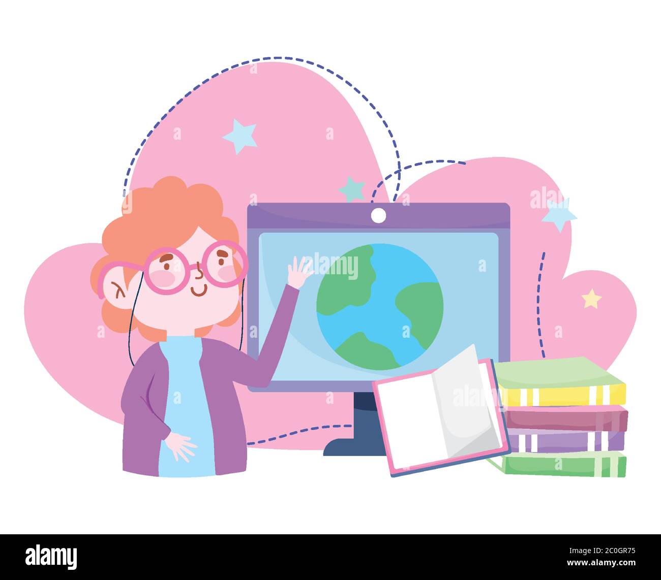 online education, teacher computer world and books, website and mobile ...