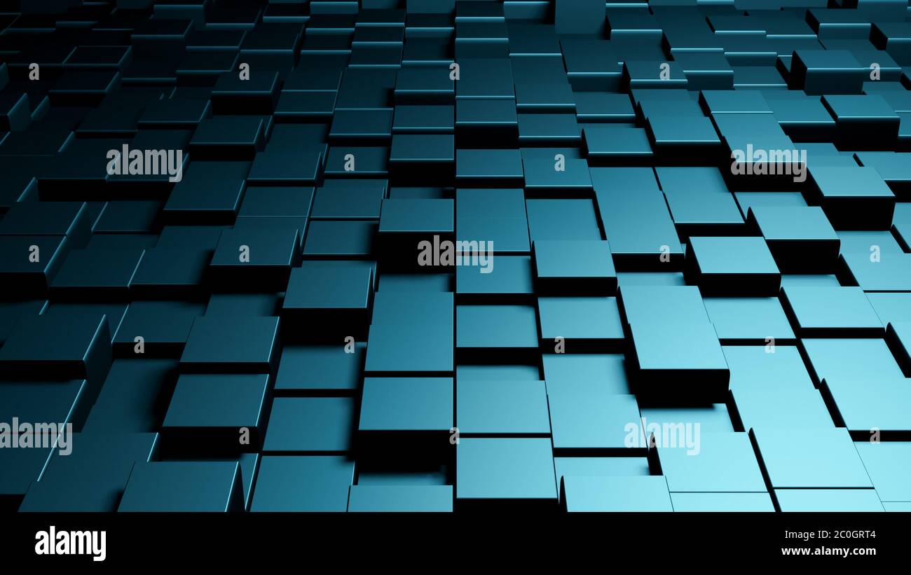 3D rendering of elevated shiny metallic turquoise blue square tiles ...