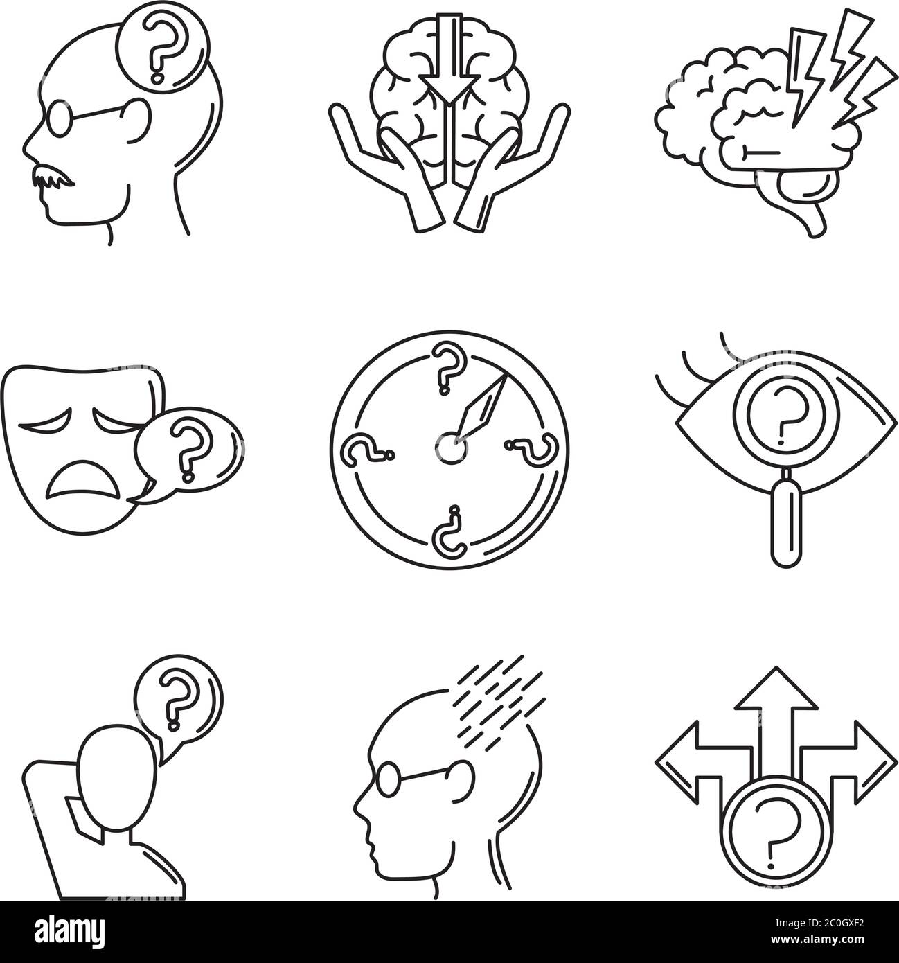 alzheimer disease, decrease in mental human ability icons set vector ...