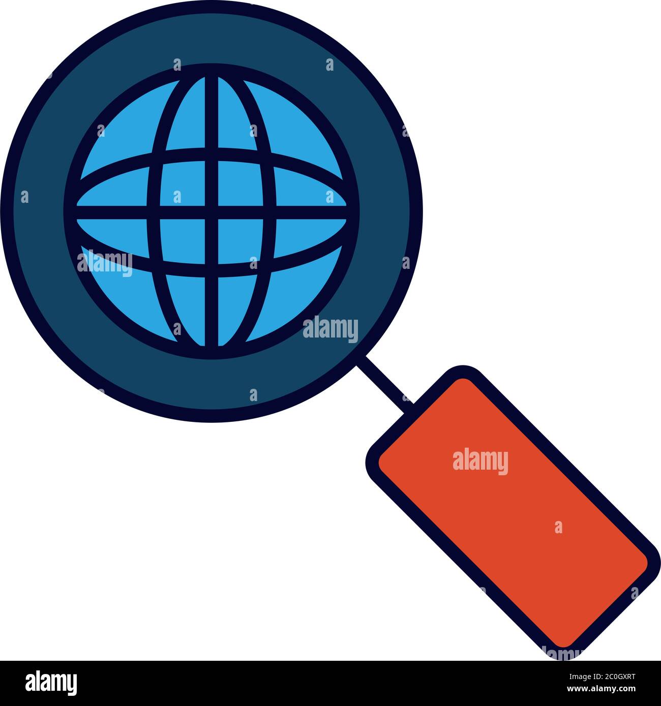 magnifying glass with global sphere icon over white background, line ...