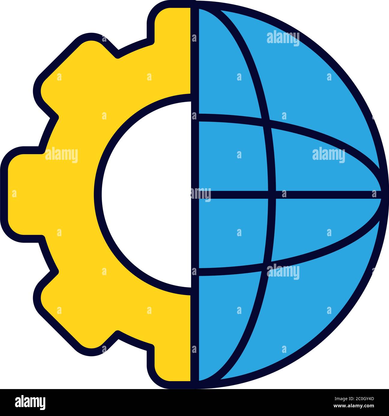 half gear wheel and half global sphere icon over white background, line ...