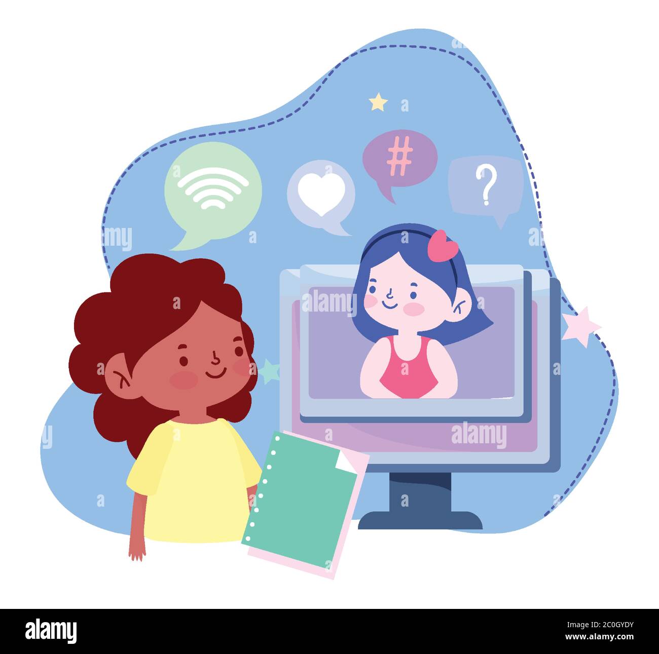 online education, student girls computer with book connection, website ...