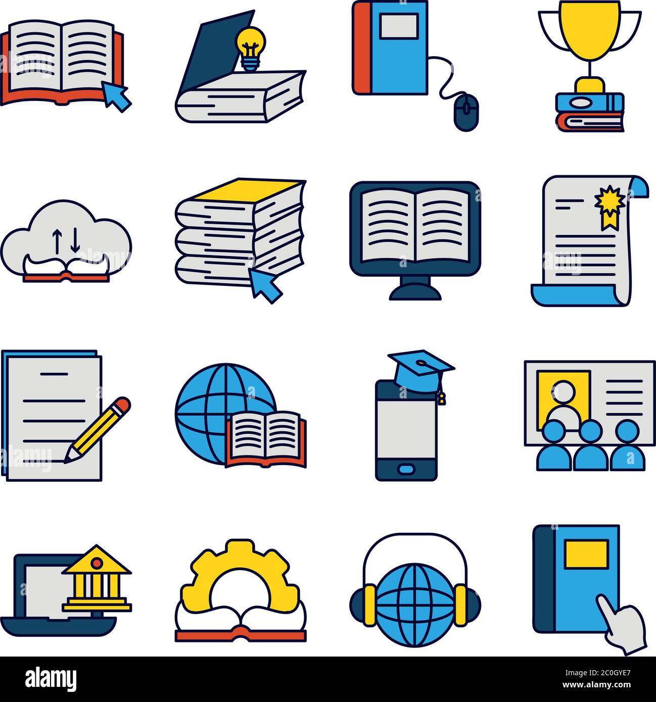 global sphere and online education icon set over white background, line ...