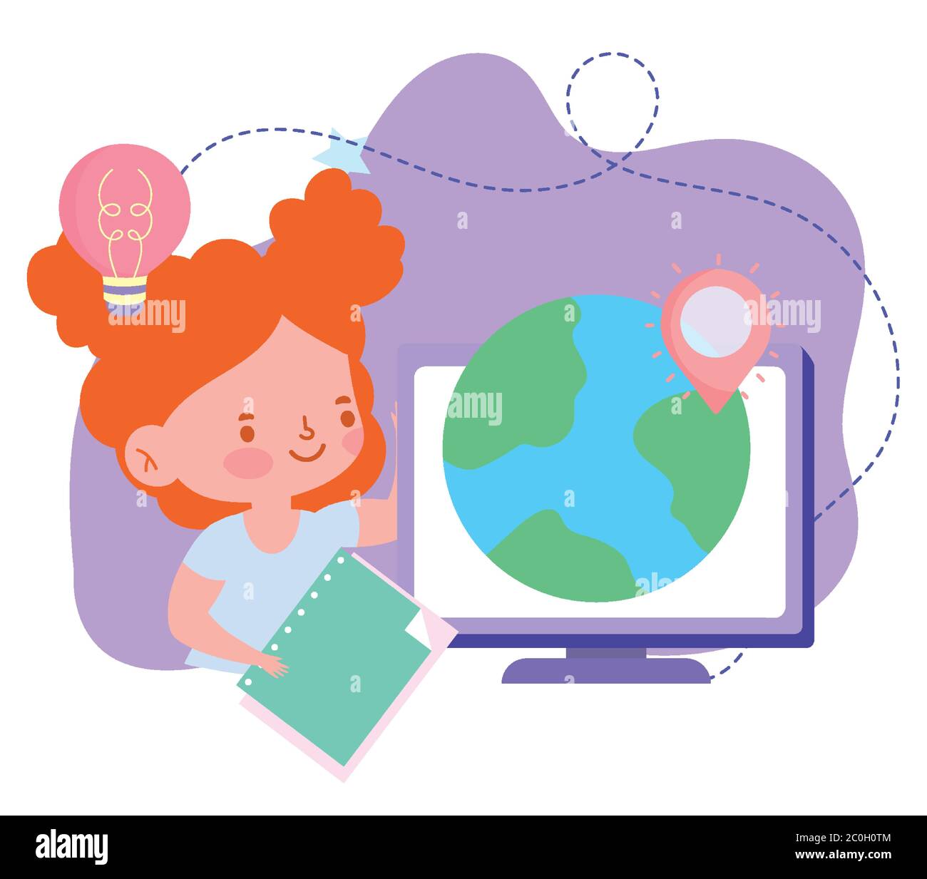 online education, student girl computer world and book, website and ...