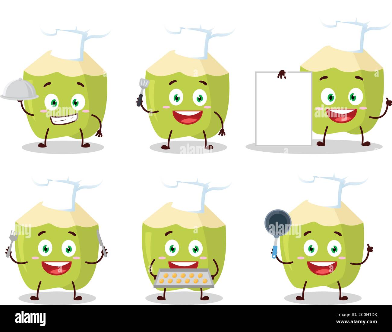 Cartoon character of green coconut with various chef emoticons Stock ...
