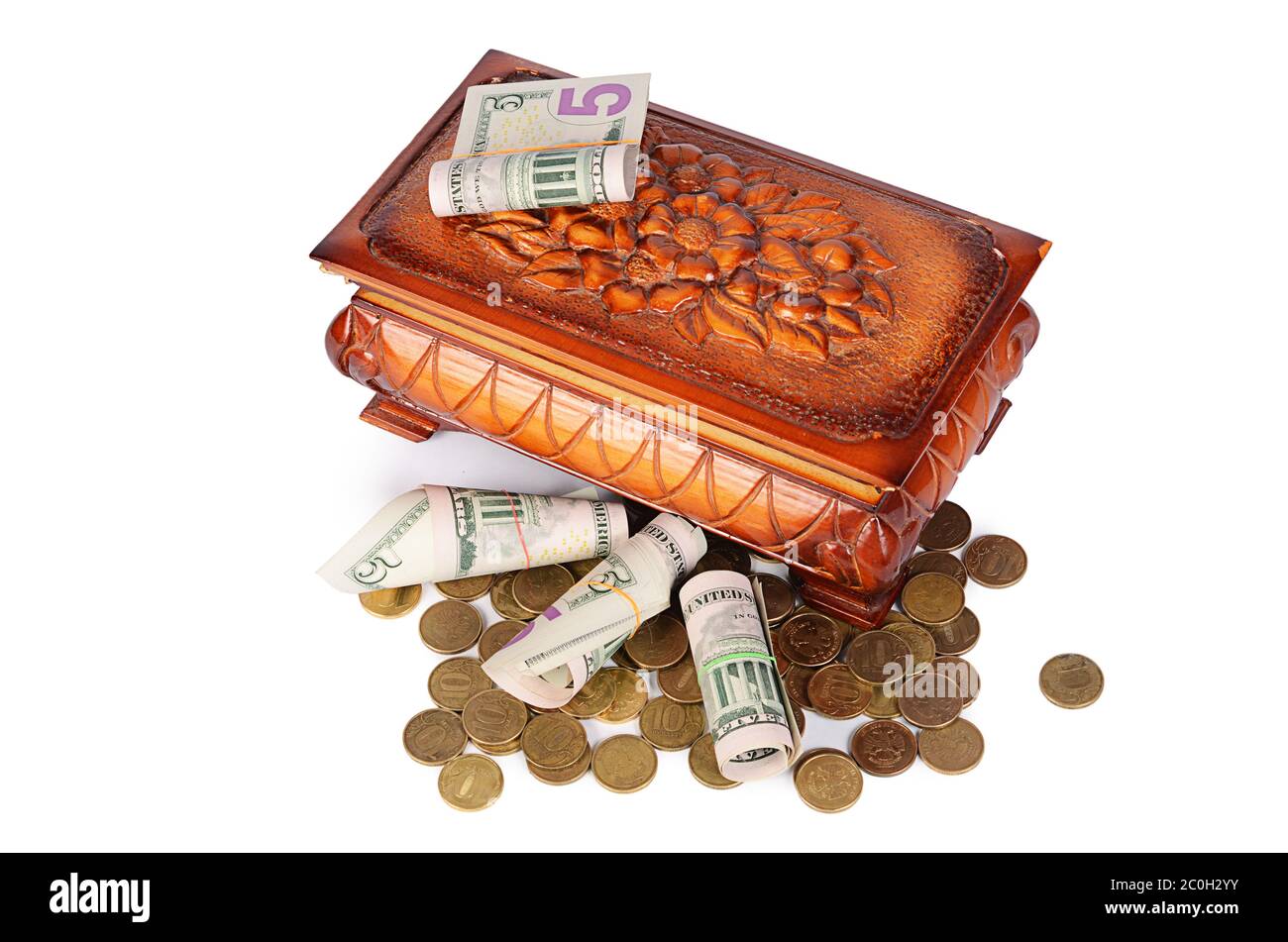 Coins and banknotes in the box Stock Photo - Alamy